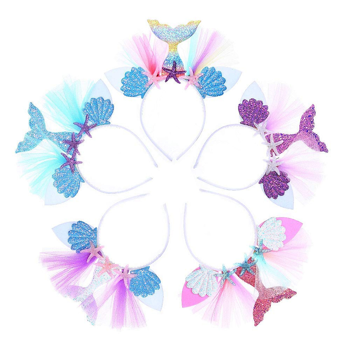 KIPETTO 5Pcs Mermaid Tail Headband Starfish Tulle Hairbands Mermaid Hair Accessories for Women Girls
