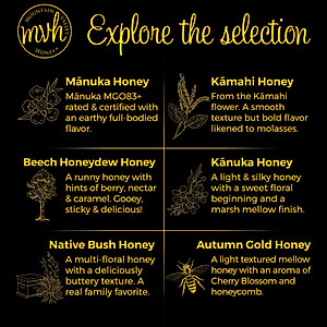 Mountain Valley Raw Honey Gift Set, Box of 6 with Premium New Zealand Manuka Honey MGO 83+, Pure Natural Honey Collection, 6 x 4.4oz Pots, Perfect Gourmet Food Gift for Families