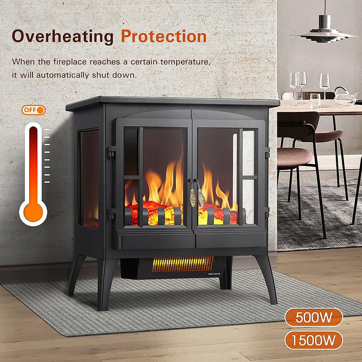 Havato Electric Fireplace Heater, Freestanding Fireplace Heater with Realistic Flame, Overheating Safety Protection, Indoor Space Heater(24 Inch, Black)