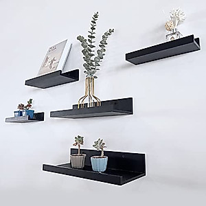 Art Emotion Black Floating Shelves | Set of 5 | Wall Shelf | Wood Bathroom Shelves | Bedroom | Living Room | Kitchen | Office & More (Black)