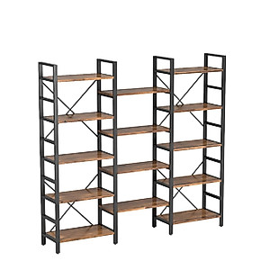 Tribesigns Triple Wide 5-Shelf Bookcase, Etagere Large Open Bookshelf Vintage Industrial Style Shelves Wood and Metal bookcases Furniture for Home & Office, 70 inch