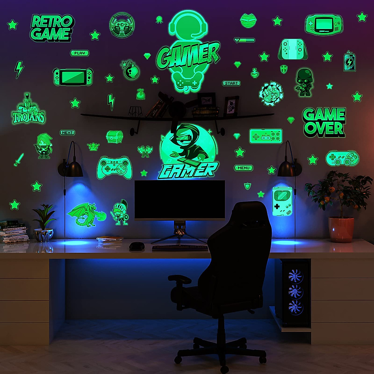 Gamer Room Decor,Gaming Wall Decals Sticker Boys Room Decor,Glow in The Dark Video Game Wall Stickers,Game Wall Decals for Gamer Bedroom Playroom
