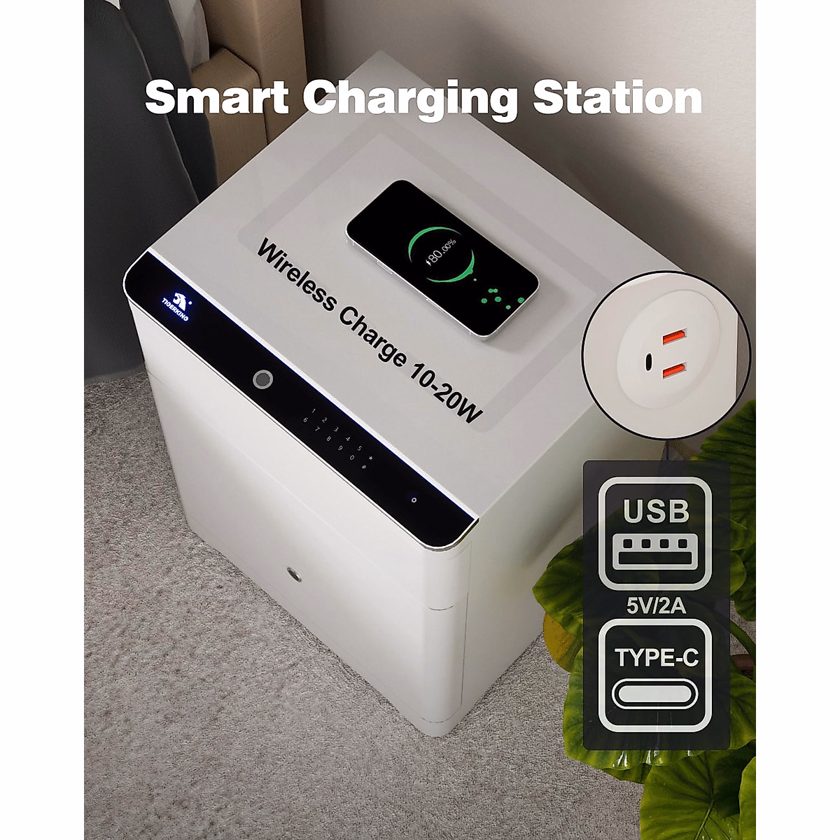 TIGERKING 3-in-1 Biometric Heavy Nightstand Safe, Lockable Drawer Gun Safes with Wireless Charging Station, Home Safe Adjustable Lighting with USB & Type-C Port for Bedroom Office, White