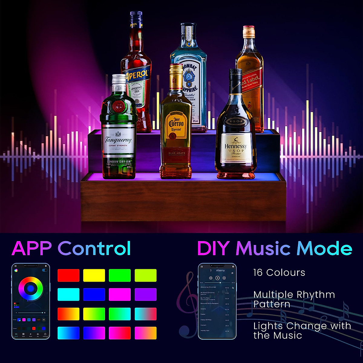 B4Life 2 Pack 16 Inch LED Lighted Liquor Bottle Display Shelf, 2 Tier LED Bar Shelves for Liquor Bottles, Bar Bottle Display Shelf, Lighted Liquor Shelf, Bar Lights for Liquor Shelves