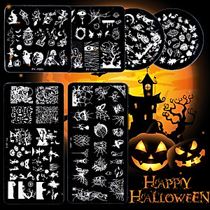 6Pcs Halloween Nail Stamping Plates Fall Maple Leaf Nail Stamper Template Kit Ghost Bat Skull Spider Web Design Nail Decorations Supplies with 1 Stamper 1 Scraper