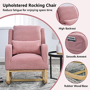 NIOIIKIT Nursery Rocking Chair, Modern High Back Armchair with Side Pockets, Glider Rocker with Padded Seat, Lumbar Pillow and Wood Base, Accent Chair for Living Room, Bedroom (Pink Teddy)