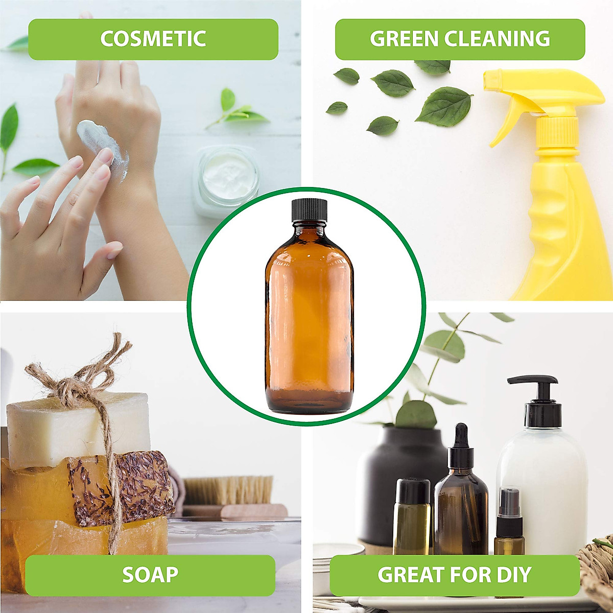 VINEVIDA 8 oz Amber Glass Bottles - 50 Pack Amber Boston Glass Bottles With Poly Cap - Bulk Glass Bottles - Empty Tincture Bottles for Essential Oils, Lab Chemicals, and Perfumes - Refillable Bottles