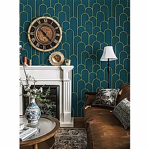 Peel and Stick Wallpaper Green and Gold Geometric Contact Paper Green and Gold Self-Adhesive Wallpaper Removable Modern Stripe Wallpaper for Walls Covering Waterproof Vinyl Rolls 17.3''x118''