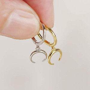 Tiny Moon Dangle Hoop Earrings for Women Girls S925 Sterling Silver Charms Hoops Crescent Half Moon Horn Drop Tiny Cuff Cartilage Helix Minimalist Polished Earrings Fashion Jewelry (Silver)