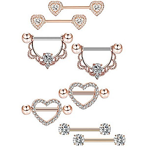 4 Pairs Stainless Steel Nipple Rings Tongue Ring Piercing Body Jewelry Barbell CZ Heart Shape Rings for Women (Rose Gold Bar and White Zirconia)