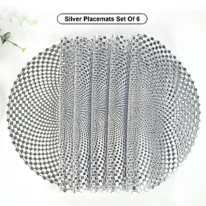 Crisjanggo Silver Metallic Placemats Set of 6 Pressed Vinyl Round Tablemats Simple Hollow Out Design Mats Washable Stain Resistant Nonslip Place Mat for Dining Table Wedding Party Decoration