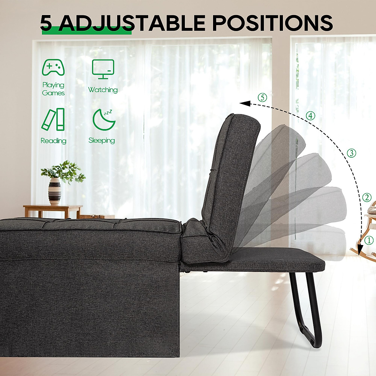 PORWEY Sleeper Chair Bed, 4-in-1 Convertible Futon Ottoman bed Sleeper, Foldable Sofa Couch with Adjustable Backrest for Guest Room/Office Living Room, No Assembly Required, 36” Width,Gray