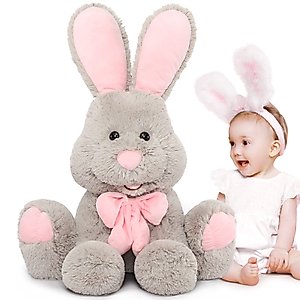 MorisMos Giant Bunny Stuffed Animal, 31.5'' Large Grey Rabbit Plush Toy with Pink Ears, Soft Toy for Girls/Boys, Ideal Gift for Easter, Halloween, Christmas, Cuddling, Snuggling