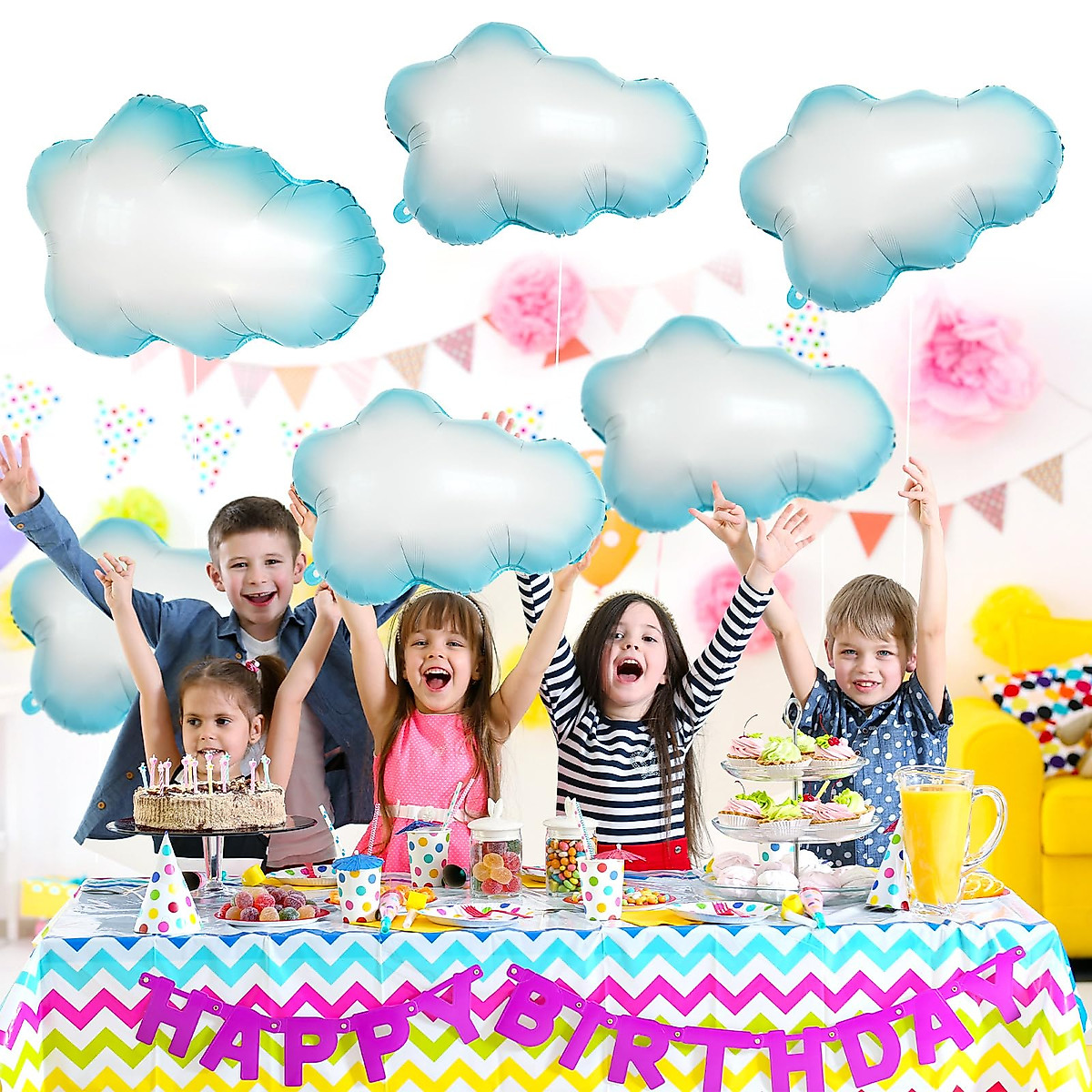 14 Pcs Cloud Balloons, Large White Clouds Foil Mylar Balloons, Happy Cloud Mylar Balloon for Birthday Themed Party Decorations Supplies