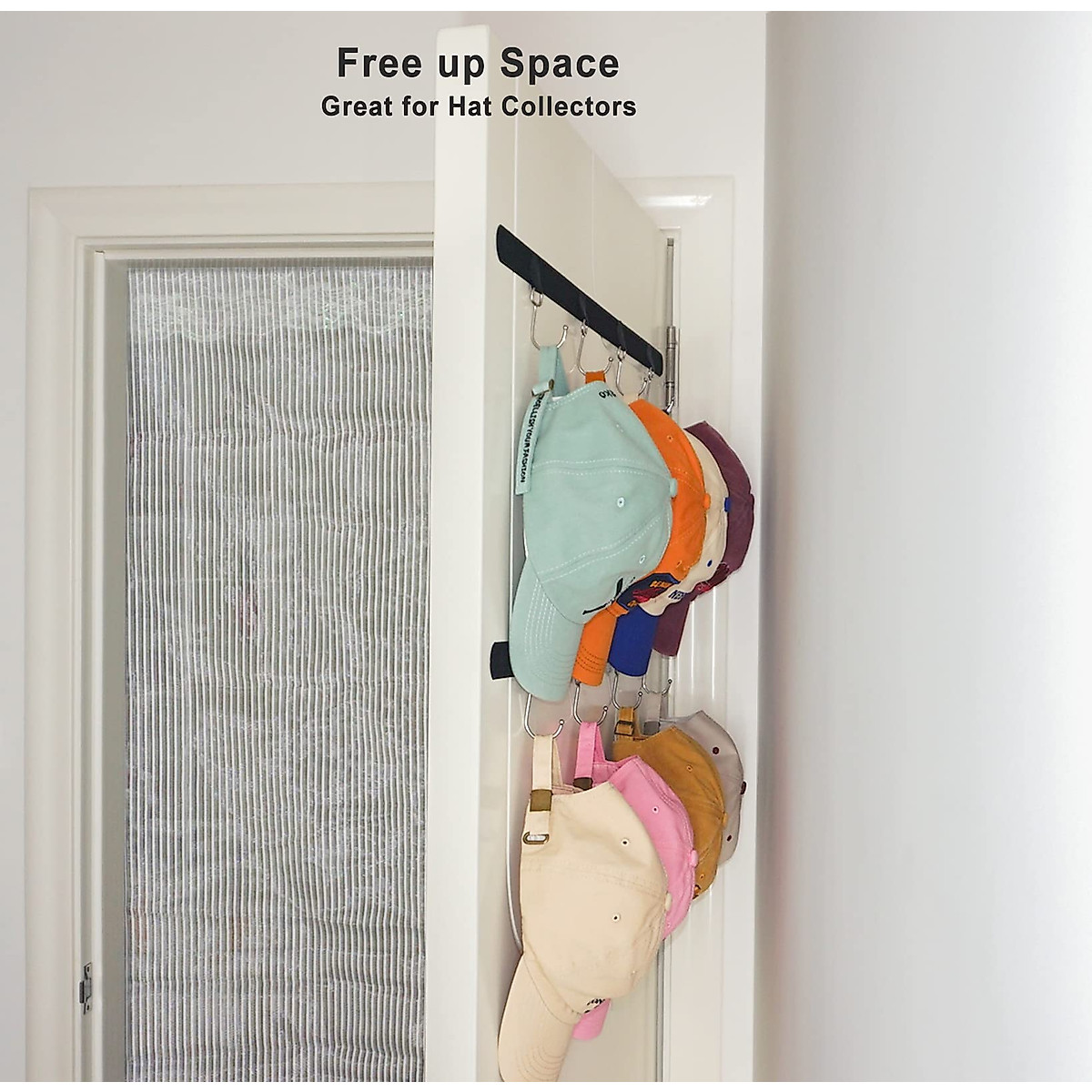 ETOWIFA Hat Organizer Rack for Baseball Caps [Up to 32 Caps] Hat Hanger Display for Wall and Over The Door Closet, Room/College Dorm Storage Holder - 2 Adhesive Straps and 8 Removable Hooks