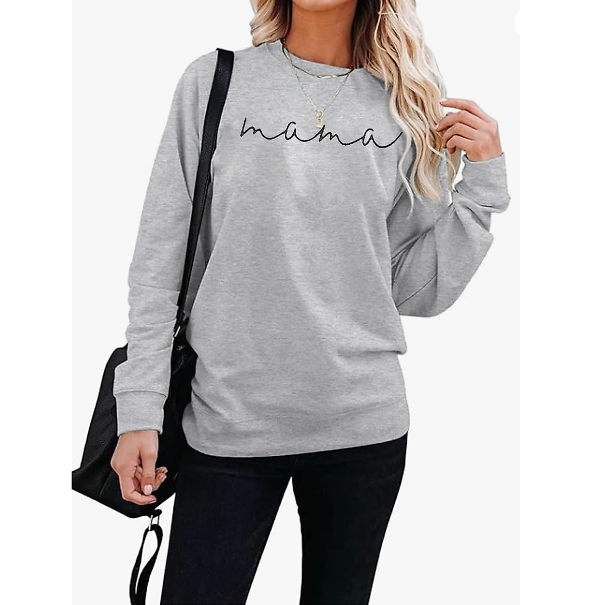 Women Lightweight Sweatshirt Tshirt Mama Letter Print Long Sleeve Casual Crewneck Pullover Tops (Light Grey, M)