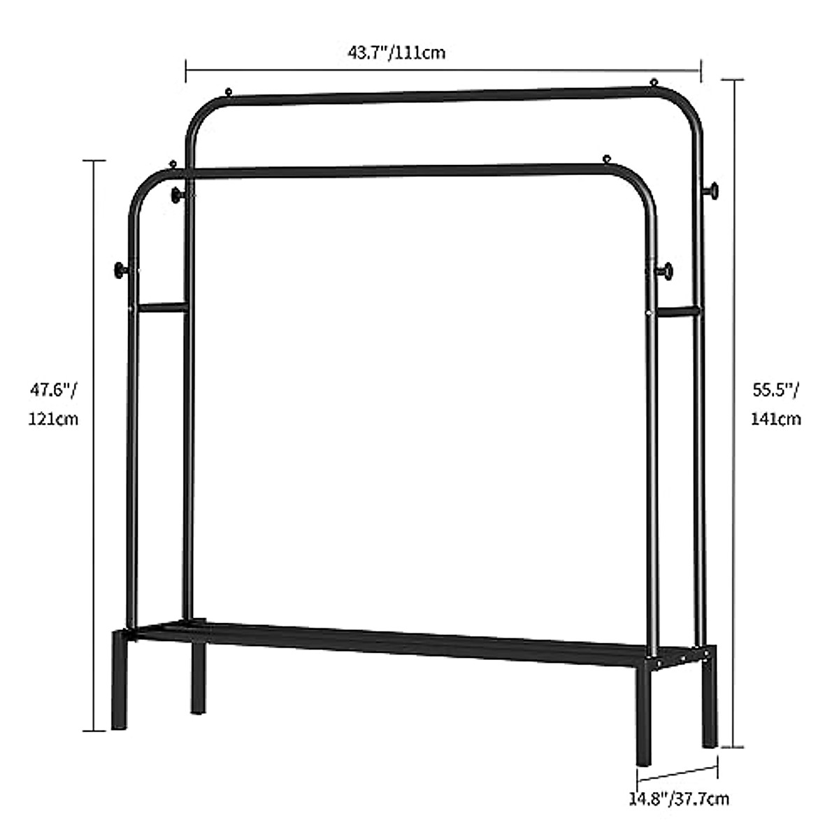 JOISCOPE Double Rods Portable Garment Rack for Hanging clothes, 43.7 * 55.5 Inch Metal Clothing Rack with Bottom Shelves and 4 Hooks,Freestanding Clothes Rack for Bedroom,Space Saving, Black