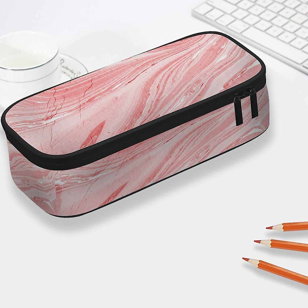 Yekiua Pink Marble Pencil Case Abstract Alcohol Liquid Ink Wave Big Capacity Pencil Pouch Office College Makeup Bag