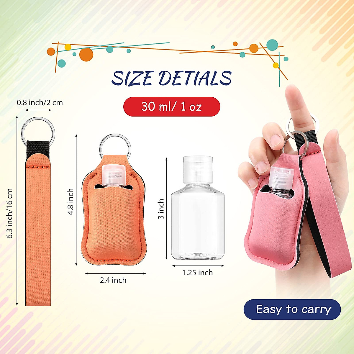 Patelai 54 Pcs Hand Sanitizer Holder Keychain Wristlet Set 1oz Empty Travel Bottle Portable Keychain Holder(Colorful Style)
