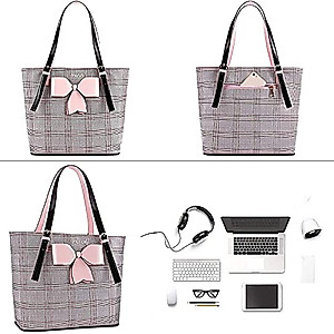 MOSISO Laptop Bag for Women Compatible with MacBook Pro 16 inch 2023-2019 M2 A2780 M1 A2485 A2141,15-15.6 inch Notebook, PU Leather Large Capacity Travel Briefcase with Bowknot Grid MO-GID001GYPK