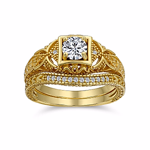 1CT Deco Style Solitaire Round AAA CZ Pave Contoured Band Engagement Wedding Ring Set 14K Gold Plated Sterling Silver