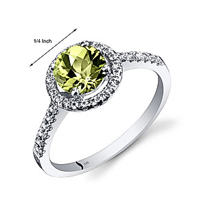 PEORA Peridot Ring for Women 14K White Gold with White Topaz, Genuine Gemstone Birthstone, 1 Carat Round Shape 6.5mm, Halo Design, Size 7 - August Birthstone Gift, Real Peridot Jewelry