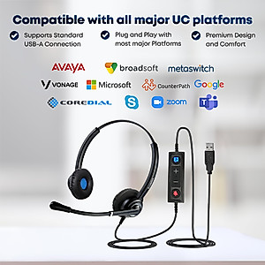 VoicePro 20 Professional Home Office and Call Center USB Headset with Noise Canceling Microphone, HD Speakers and in Line Call Controls with Mute, Compatible with All UC Voice Platforms.