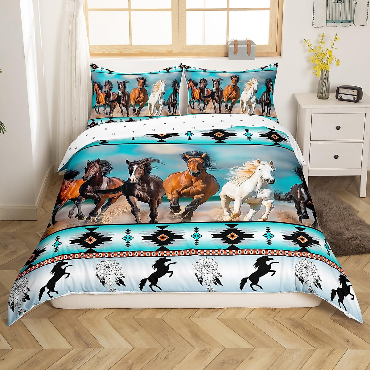 Aztec Duvet Cover African Tribal Horse Printed Bedding Set,Farm Animals Comforter Cover Ethnic Tribe Arrow Dream Catcher Queen Bed Set,Southwest Native Exotic Nordic Style Room Decor