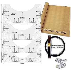 T-Shirt Alignment Ruler Heat Resistant Tape 10mm X 33m 108ft, PTFE Teflon Transfer Sheet 16 x 20" - 4 Rulers, 2 Rolls Heat Resistant Tape, 3 Packs PTFE Teflon Sheet and 1 Tape Measure Included