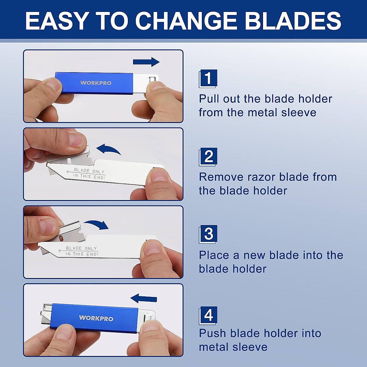 WORKPRO 12-Pack Box Cutter Retractable - Utility Knife with Single Edge Razor Blade - Razor Knife Box Opener Cardboard Cutter with Metal Sheathes- Extra 12-Pack Razor Blades for Replacement - Blue