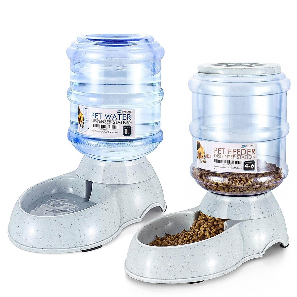 Flexzion Automatic Pet Feeder & Waterer Set of 2 Pack, Self Feeding Replenish Dog Cat Bowls, Gravity Food & Water Storage Container Fountain Jug Pet Supplies Plastic Skid Proof Rubber Feet (1 Gallon)