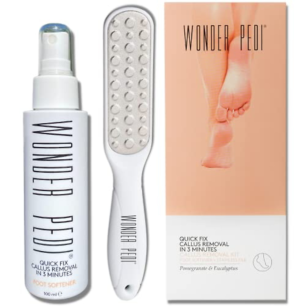 Feet Callus Remover - Instant Exfoliating Peel Foot Spray - Cracked Heels Softener – Metal Foot File Scrubber Dead Skin Remover Professional Spa Pedicure. Wonder Pedi