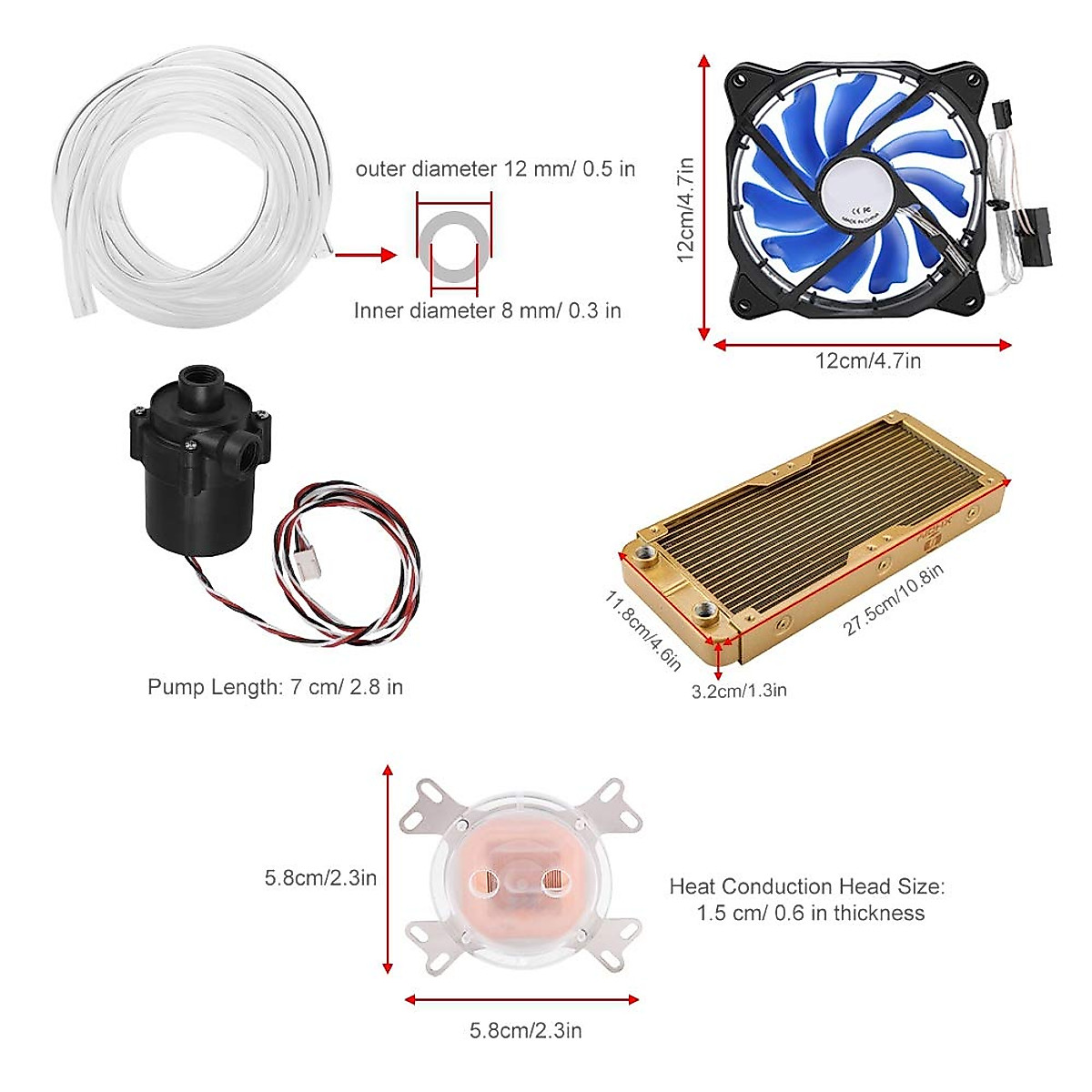 ASHATA PC Water Cooling Kit,Universal Water Cooling Radiator,Tubing,Pump,Cylindrical,Dual Fan,Mounting Accessories Computer Water Cooling Liquid Cooler Kit
