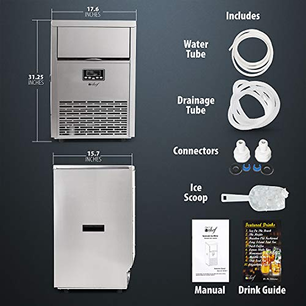 Deco Chef Commercial Ice Maker 99lb Every 24 Hours 33lb Storage Capacity Stainless Steel Great for Hotels, Restaurants, Bars, Homes, Offices Includes Connection Hoses and Ice Scoop