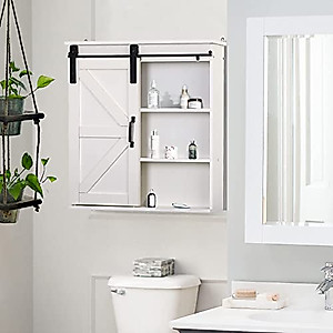 Sophia & William Medicine Cabinet with Farmhouse Sliding Barn Door, Bathroom Wall Mounted Cabinet with 3 Tier Storage, Ivory