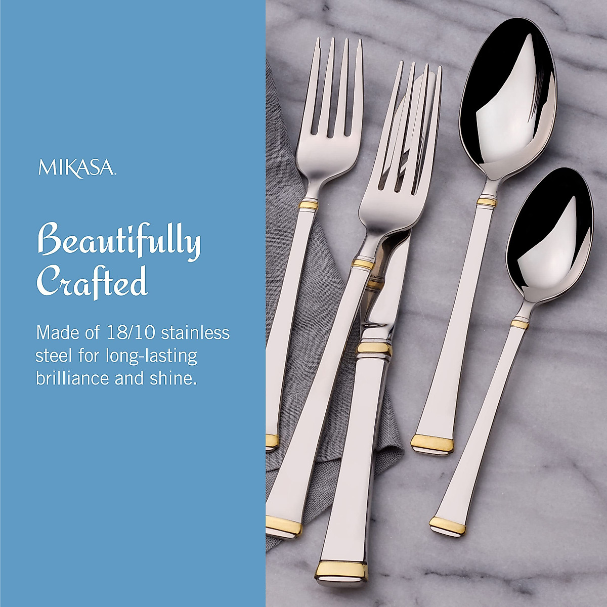 Mikasa Harmony 65-Piece Stainless Steel Flatware Set with Serveware, Service for 12, Gold-Accent