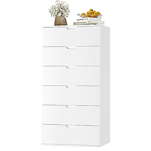 FOTOSOK Tall Dresser 47", White Dresser with 6 Drawers, Modern Chest of Drawers with Handless Design, 6 Drawer Dresser Verticle Dresser for Home & Office