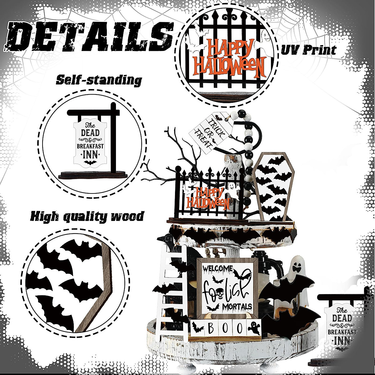 Umigy 15 Pcs Halloween Tiered Tray Decor Set Cute Halloween Bat Wooden Signs Farmhouse Rustic Tiered Tray Decoration Items for Home Table Kitchen Halloween Party Supplies