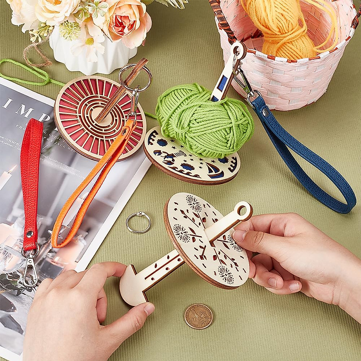 OLYCRAFT 3 Sets Wrist Yarn Holder with Wrist Strap Portable Wrist Yarn Portable Wrist Yarn Ball Holder Mini Stand Wooden Holder Yarn Knitting Supplies with Leather Wristband for Crocheting Knitting