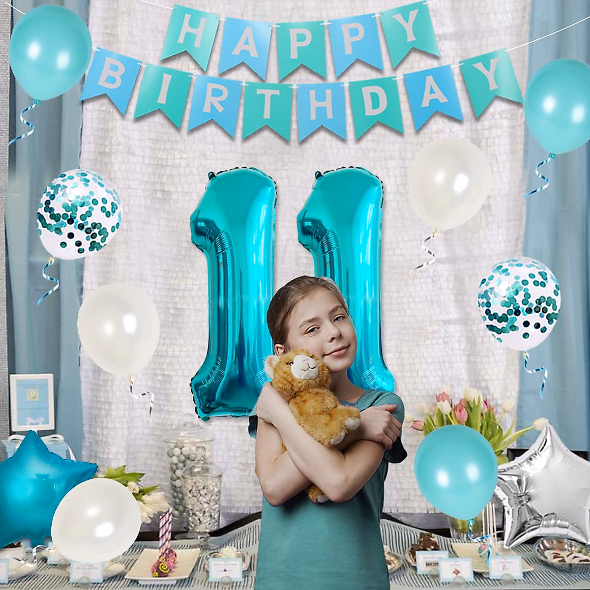 11th Birthday Decorations for Girls Teal - Happy 11th Birthday Decorations Eleventh Birthday Cake Topper Teal Fringe Curtain Turquoise Banner Number 11 Foil Balloon, 11 Year Old Girl Gift Ideas