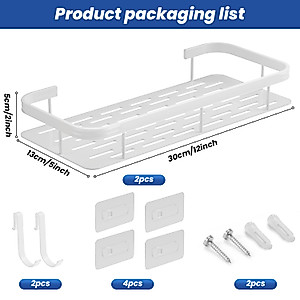 lanlord Wall Mounted Shower Caddy Shelf Organizer Rack,2 Pack No Drilling Adhesive Shower Shelves,Bathroom Shower Organizers and Storage,Save Space With Hooks,Apartment Essentials (White 2LWLT).