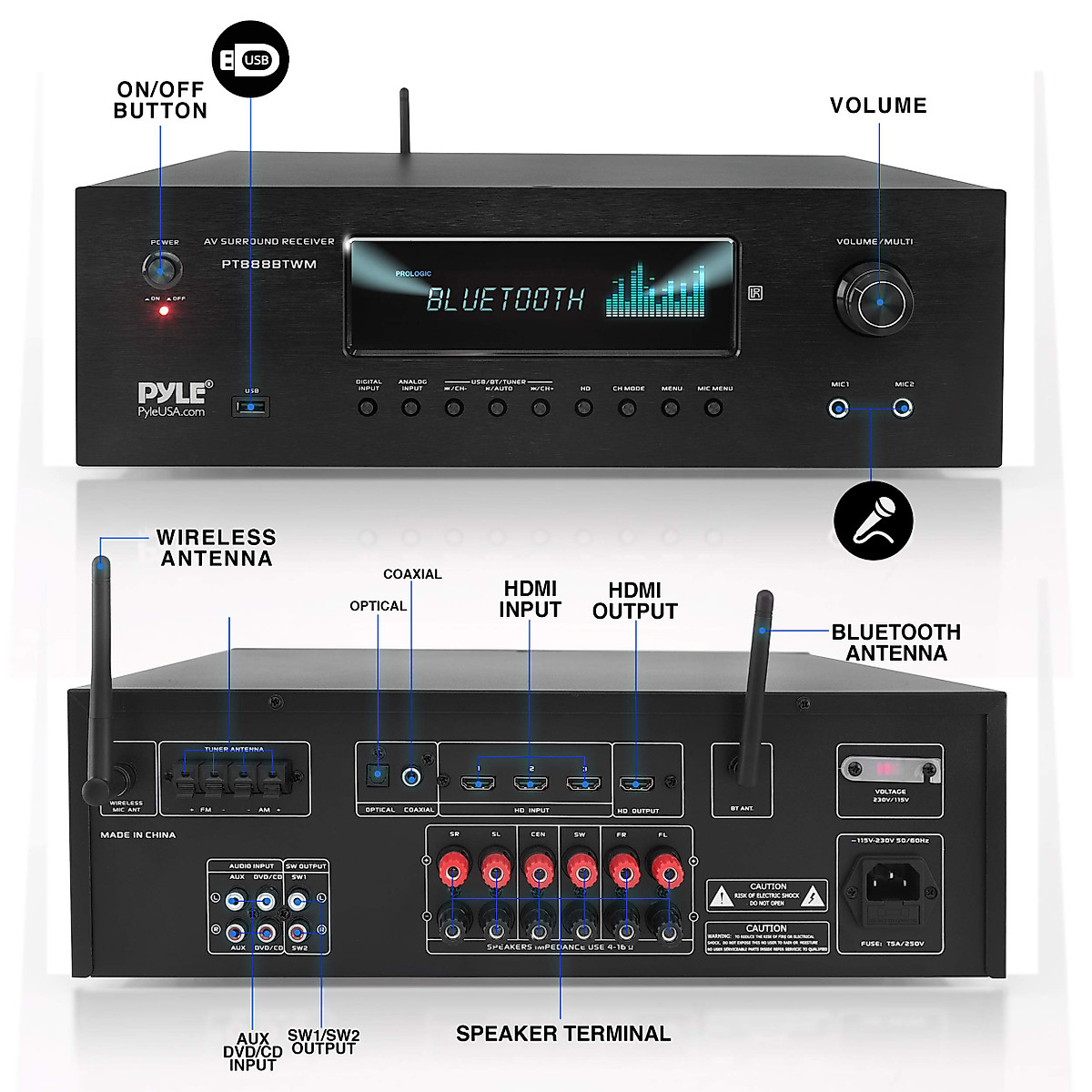 Pyle 1000W Bluetooth Home Theater Karaoke Receiver - 5.2-Ch Stereo Amplifier 2 UHF Wireless Microphone Video Pass-Through Supports, MP3/USB/HDMI/AM/FM Radio - Pyle PT888BTWM , Black
