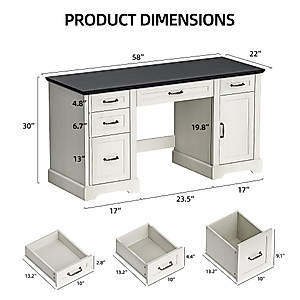 Spurgehom 58-Inch Executive Desk, Farmhouse Computer Desk with Drawers and Storage Cabinet, Wooden Home Office Desk Workstation, Study Writing Table, White&Black