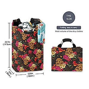RunningBear Laundry Basket Washing Clothes Hamper - Sugar Skulls Roses Day Dead Collapsible Laundry Hamper Large Capacity Hampers for Bathroom, Bedroom