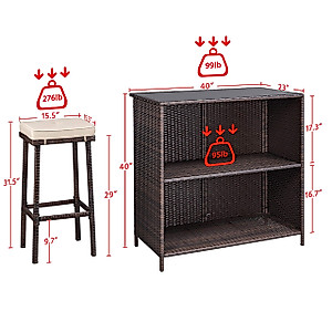 Yaheetech 3pcs Patio Bar Set, Outdoor Wicker Bar Furniture with 2 Storage Shelves, Glass Top Table, Removable Cushions and Two Stools for Backyards, Porches, Gardens or Poolside