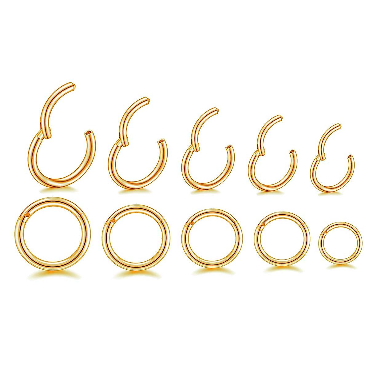 16G Surgical Steel Hinged Clicker Segment Nose Rings Hoop Helix Cartilage Daith Tragus Sleeper Earrings Body Piercing for women (16G - Gold - (6mm-14mm) - 10Pcs)