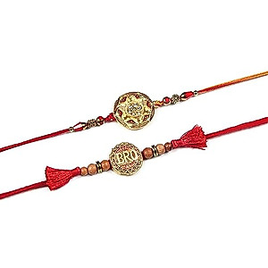 ARTISENIA Rakhi for Brother Set of 2 Rakhi Set | Raksha Bandhan Greeting Card | Roli Chawal Tika - Raksha bandhan Bro Rakhi for Brother Designer Kundan Rakhi | Rakhi for Bhaiya | Rakhi Thread RNJ002