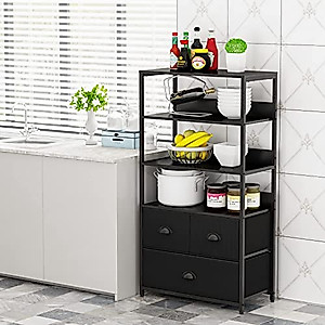 Furologee 4-Tier Bookshelf with 3 Drawers, Vertical Dresser Organizer, Black Storage Shelf for Books, Photos, Decorations in Living Room, Office, Bedroom,Kitchen, Sturdy Metal Frame,Wood Top