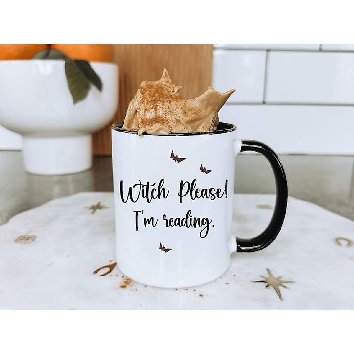 Cute Witch Camping Mug Goth Gift Witchy Sister Present Ghost Bookish Mug Sister Gift Office Coworker Gifts Halloween Book Lover Coffee Cup (15oz, Two Tone Black/White)
