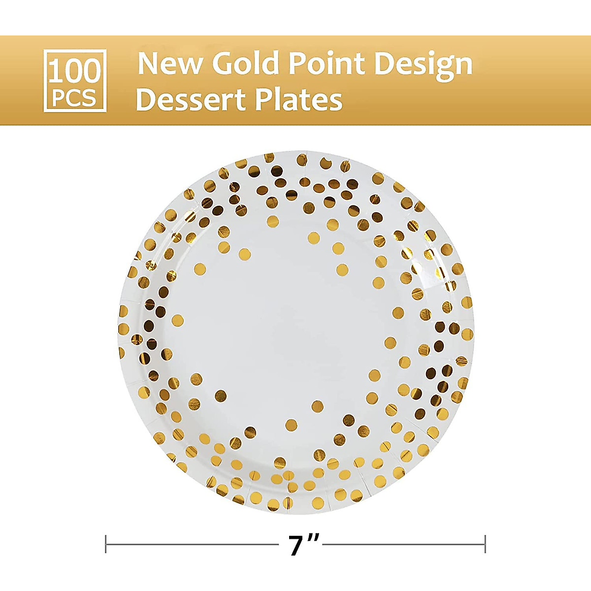 CENLBJ White and Gold Paper Plates,7INCH Gold Dot Dessert Plates,Disposable Party Supplies Suitable for Weddings,Birthdays,Bridal Parties,All Occasions(100 PCS)